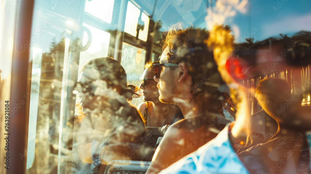 Blur focus inside of old bus. A bus with passengers during the sultry ...