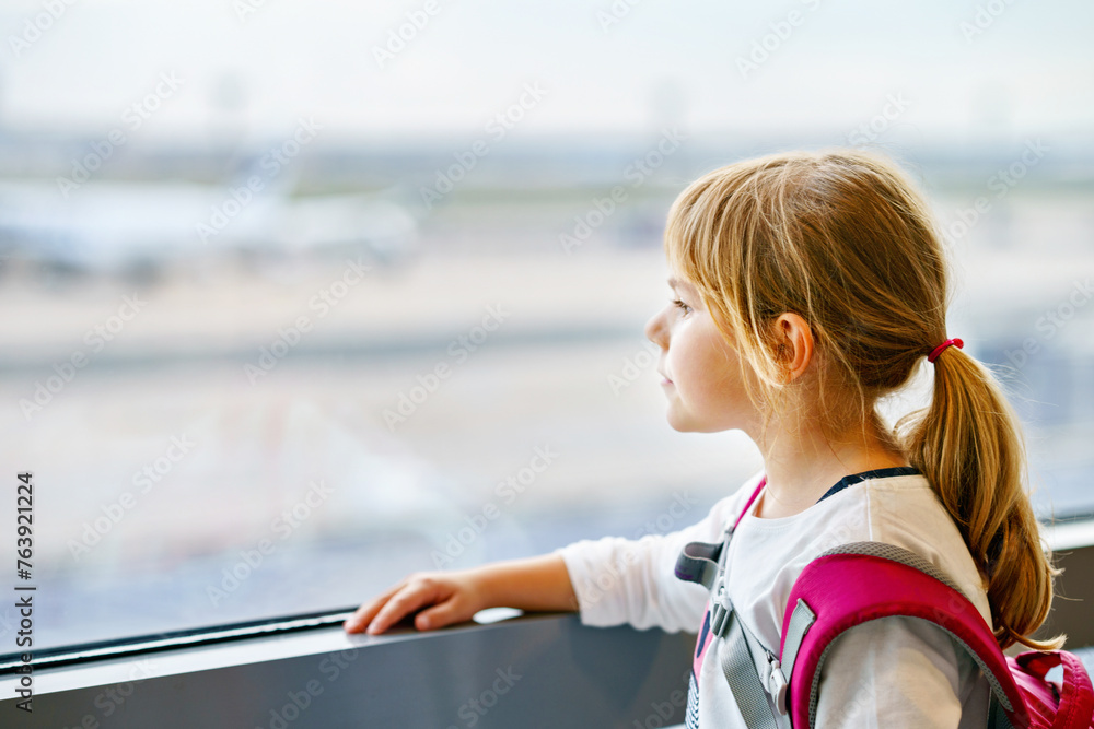 Little Girl at the Airport Waiting for Boarding at the Big Window. Cute ...