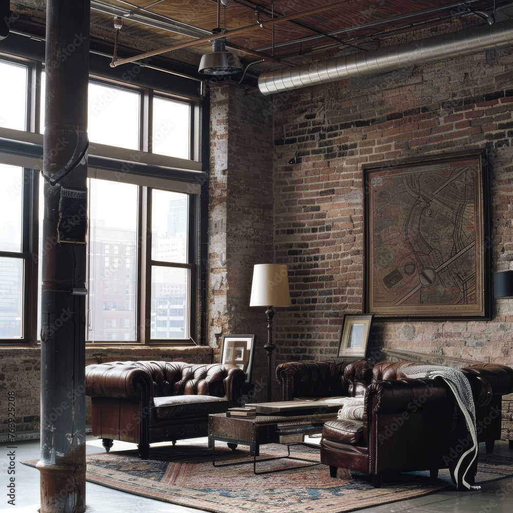 A classic loft lounge featuring tufted leather sofas, vintage frames on ...
