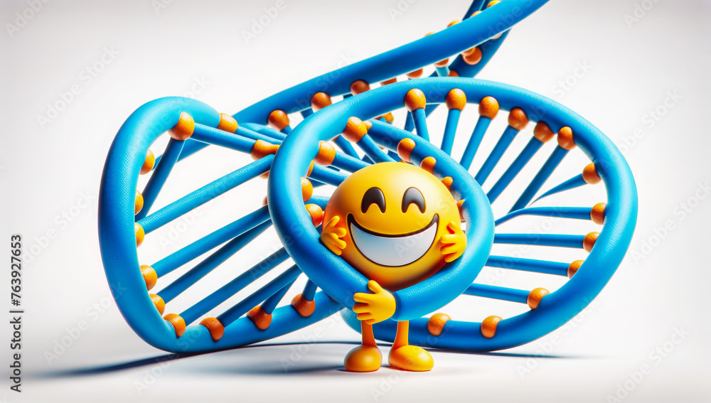 A smiling emoji figure with arms and legs embraced by a blue DNA helix ...