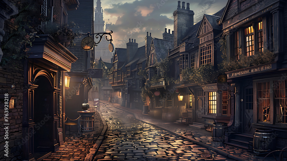 Theatre backdrop featuring a street scene in Victorian-era London ...