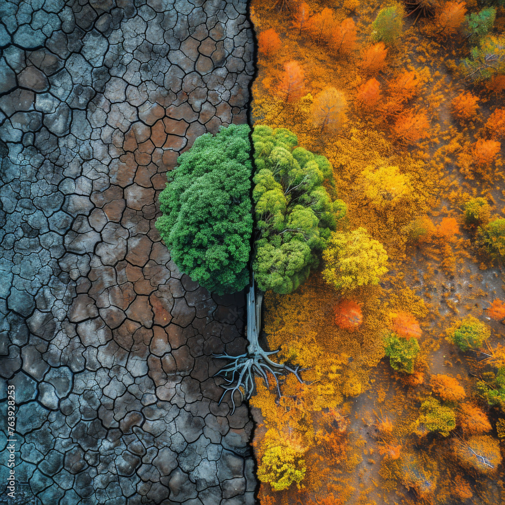 Capture a striking long shot showcasing the contrast between a lush ...