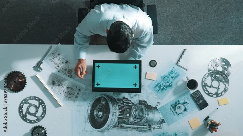 Top view of skilled engineer writing in paper while looking at tablet ...