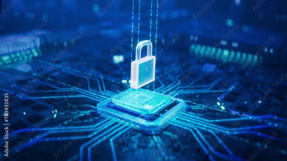 Beautiful 3D Animation of Futuristic Microchip and Lock Symbol ...