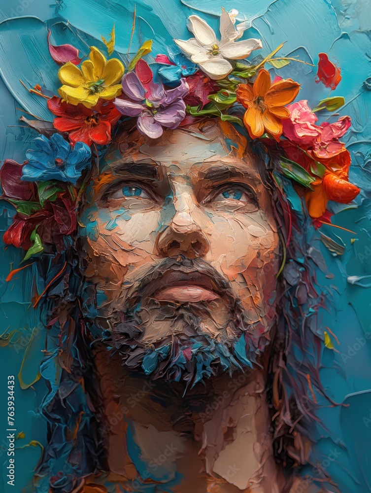 Abstract impasto artwork portraying Jesus adorned with a floral crown ...