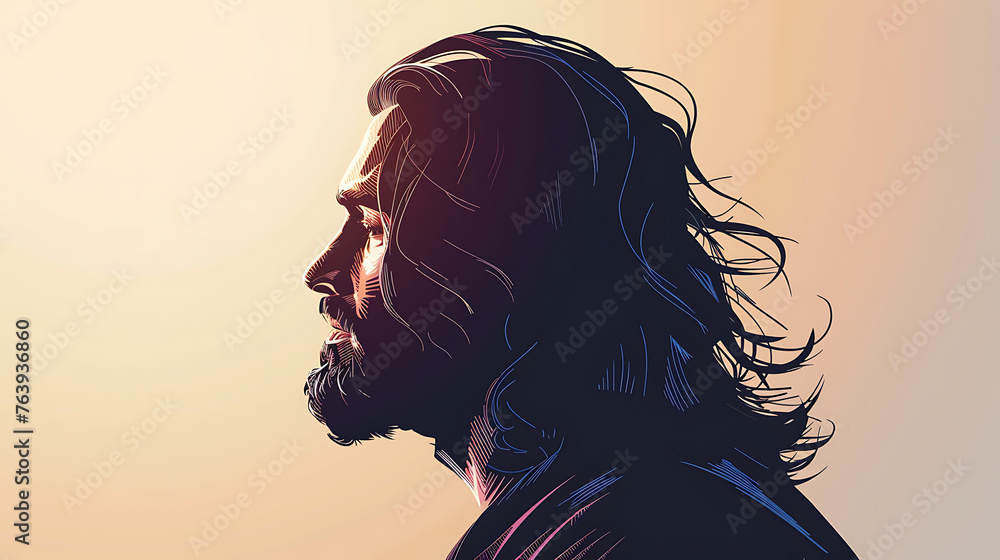 Digital art of Jesus Christ in profile, in a minimalist and modern ...