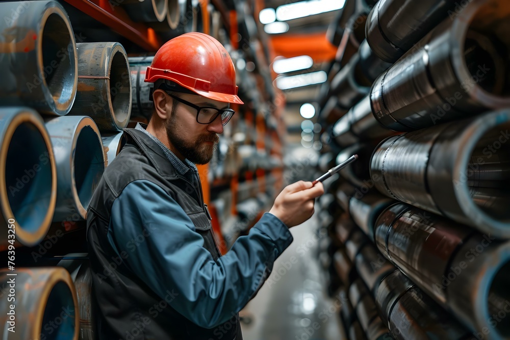 Steel pipe Quality Control Expert inspects material in warehouse ...