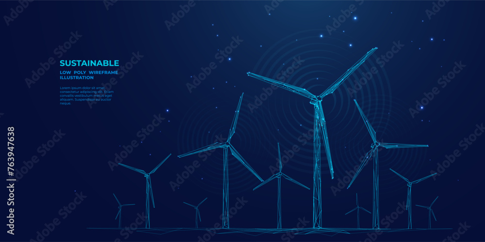 Polygonal wind power. Wind turbine farm landscape. Abstract technology ...