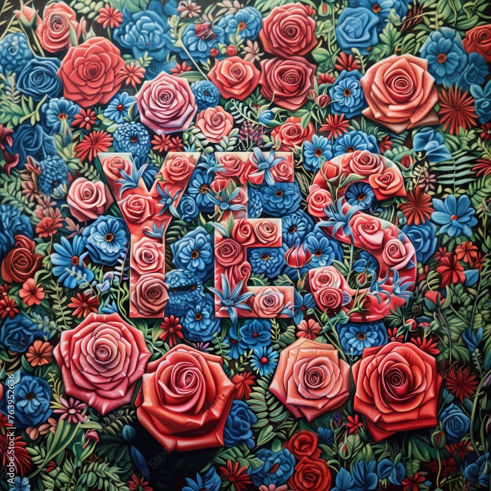 Yes, roses! An inscription of flowers in the shape of the word YES. The ...