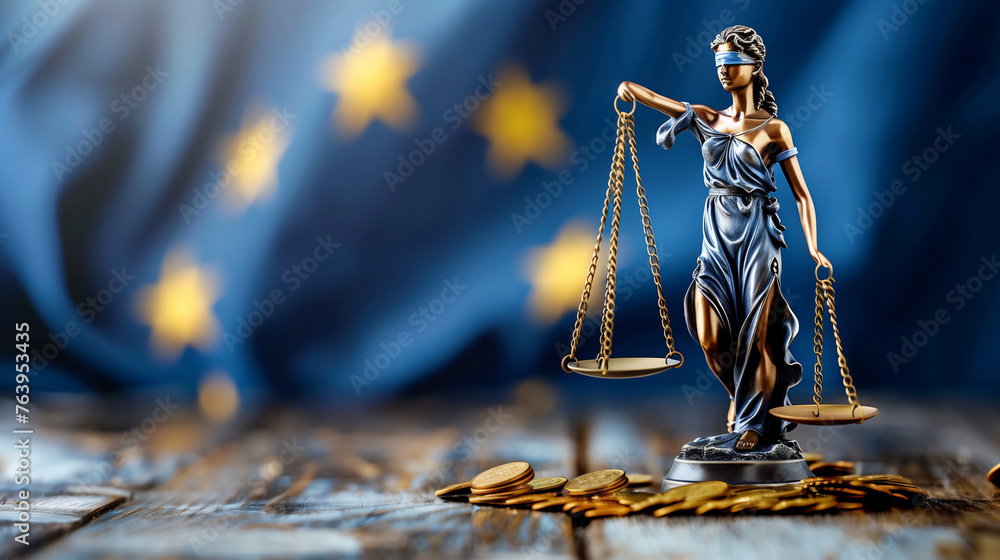 Statue of Lady Justice on European Union flag with coins, economic ...