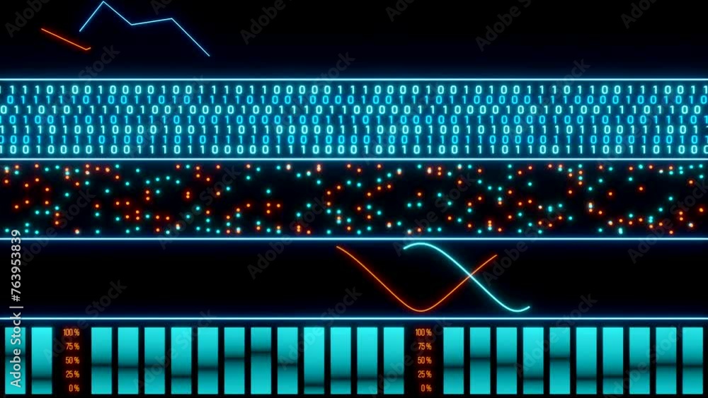 Interface with binary code, curves, lines, oscillator and bar graphs ... Interface with binary code, curves, lines, oscillator and bar graphs ...