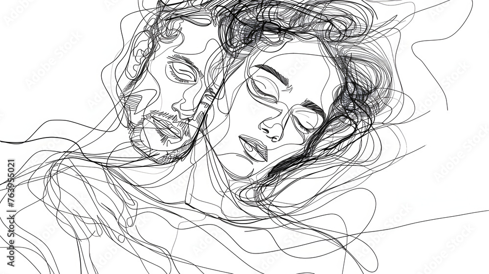 Abstract one line art drawing of a woman leaning on a man's chest, one ...