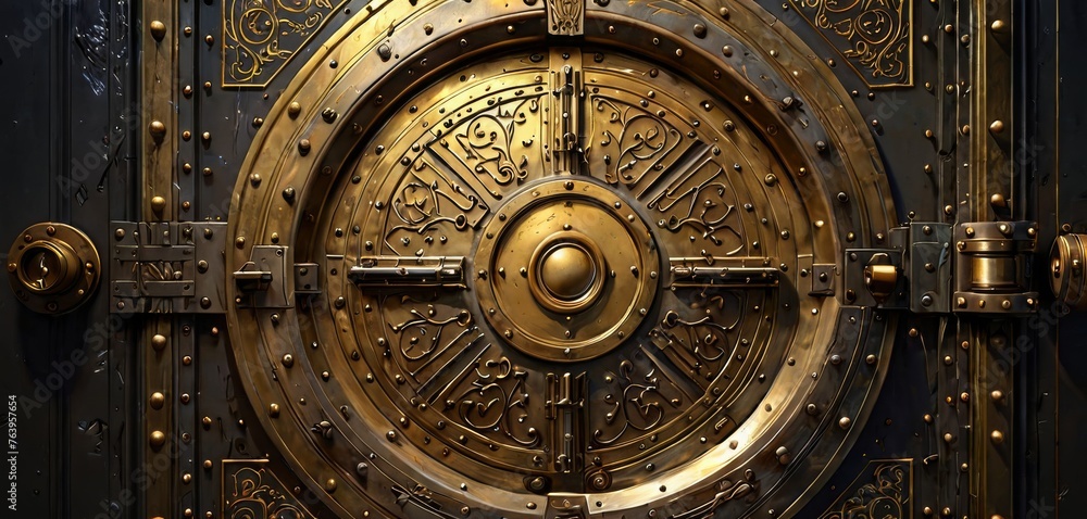 A majestic golden vault door gleams under the light, showcasing an ...