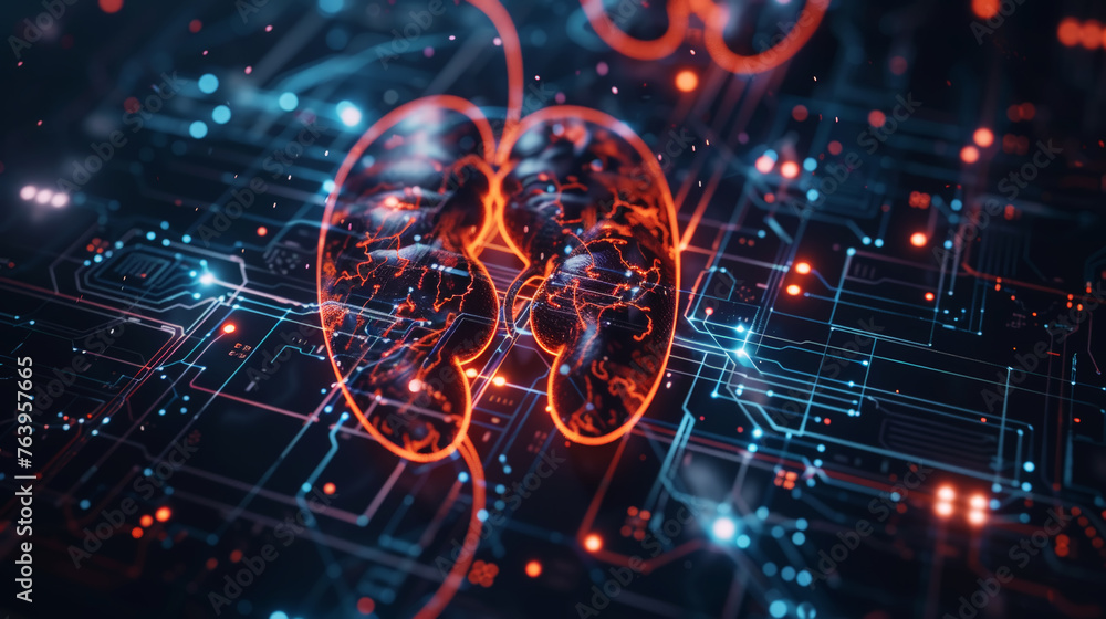 Dark 3d futuristic model of human kidneys, nephrology healthcare ...