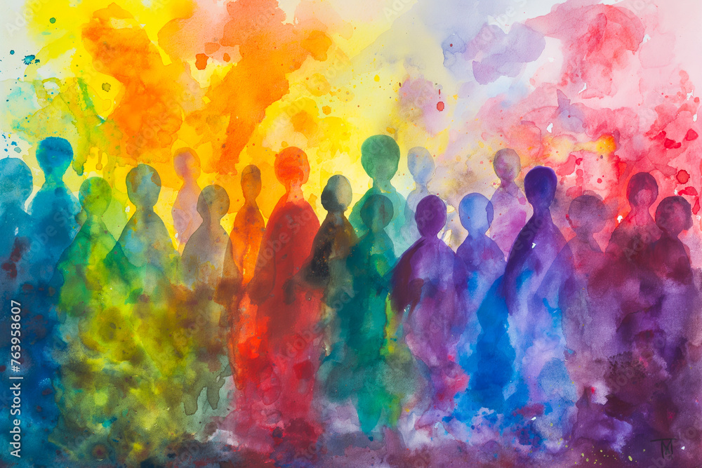 Abstract colorful art watercolor painting depicts a diverse group of ...