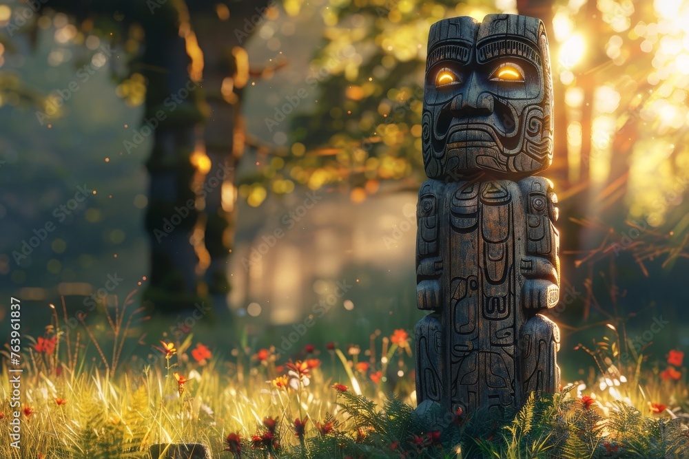 Totem standing tall in a sunlit clearing golden hour light front angle ...