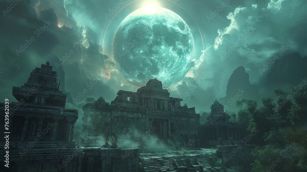 Astral projection floating above an ancient temple twilight eye level ...