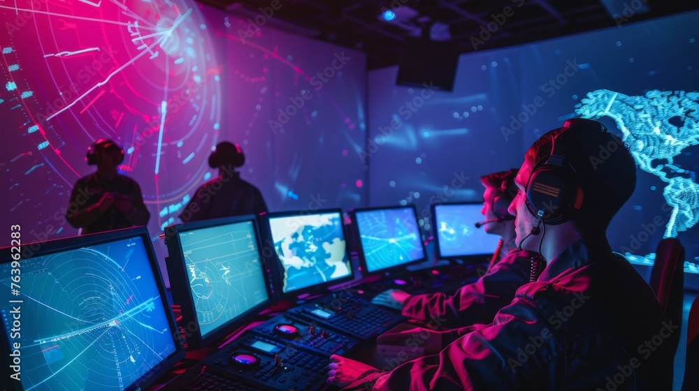 Radar operators monitoring airspace using a sophisticated air defense ...