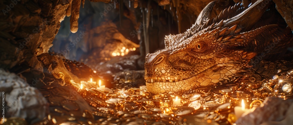 Greed reflected in a dragon hoarding gold candlelit cave overhead ...