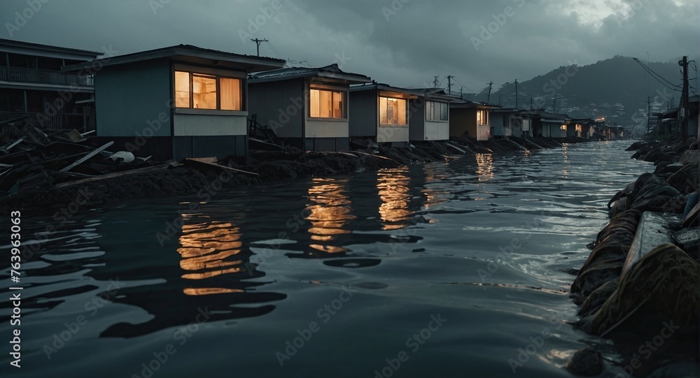 Submerged buildings and streets after a tsunami Stock Illustration ...