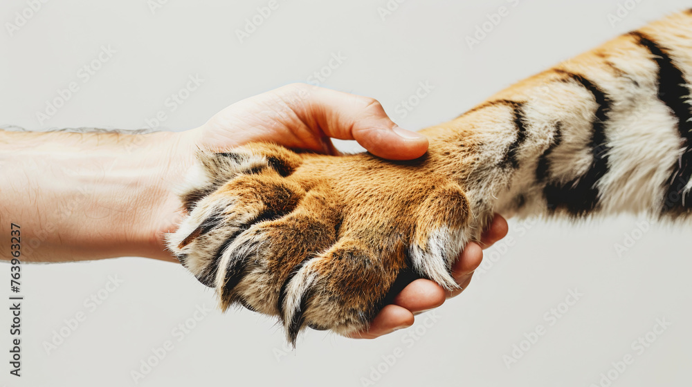 Man hand holds tiger paw on white background. Handshake. Animals and ...
