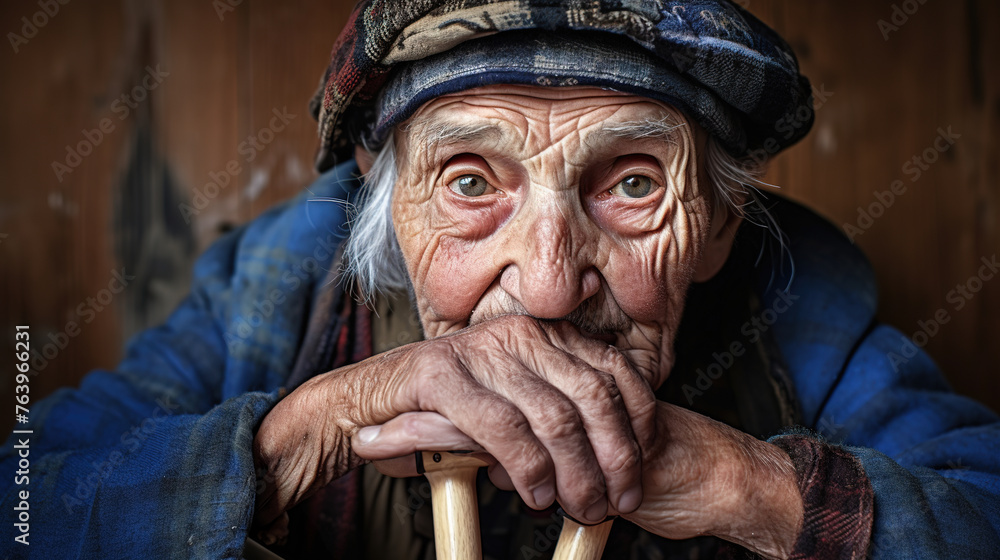 a very elderly woman over 90 years old in glasses with watery eyes ...