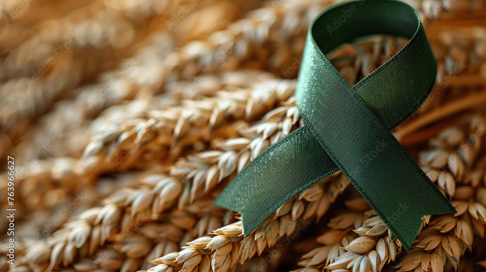Celiac disease awareness month. green ribbon with wheat spikelets ...