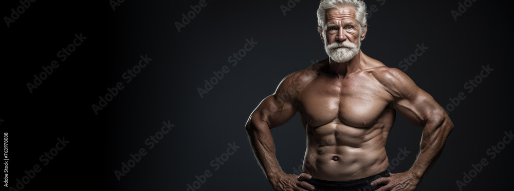 Shirtless muscular elderly man standing on a black background. Healthy ...