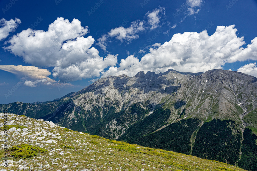 Distant view of the main peaks of Mount Olympus, the highest mountain ...