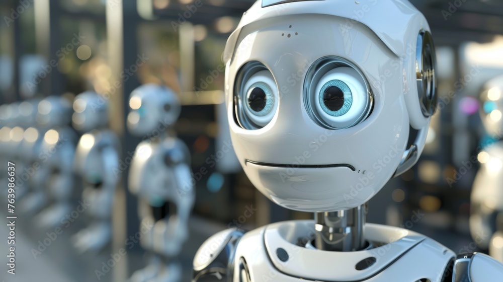 A humanoid robot with large, expressive blue eyes stands in a row with ...