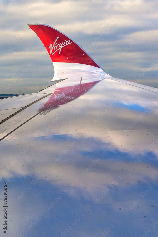 London, England, UK - 11 January 2024: Curved winglet on a Boeing 787 ...