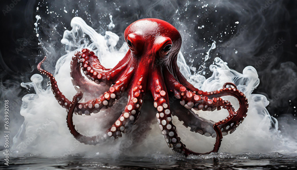 Scary giant red octopus with splashes of water. Black and white smoke ...