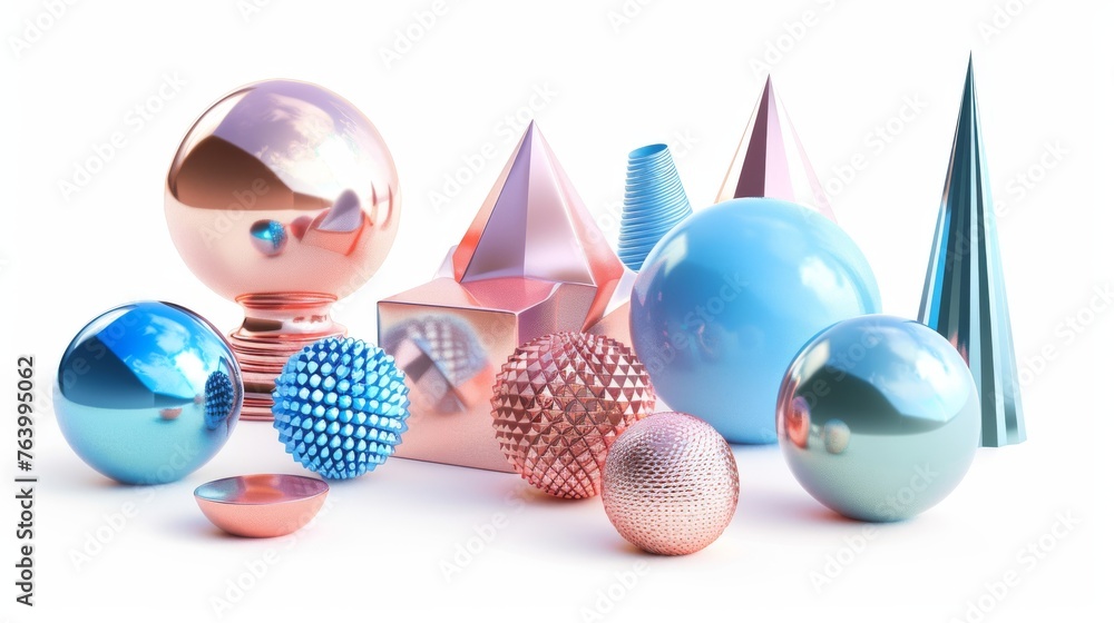 Spheres, torus, tubes, cones and other geometric shapes in rose and blue metallic colors in a ...