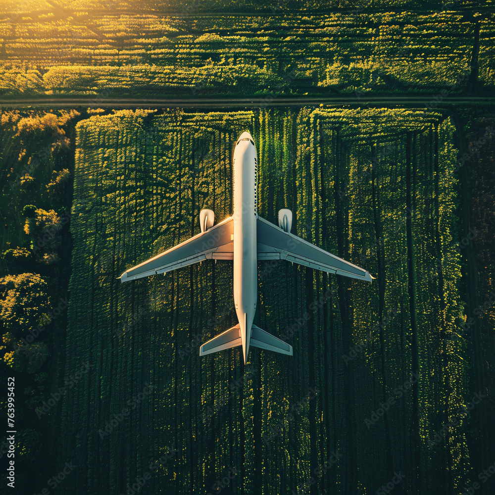 Eco-friendly flight. Aerial view of an aircraft over farmland. Cleaner ...