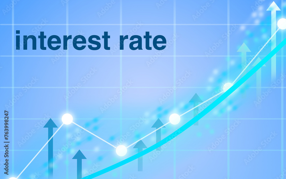 interest rate lettering - blue business graph shows growth with arrows ...