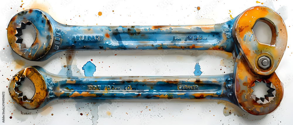Detailed watercolor artwork of a ratchet spanner with a focus on ...