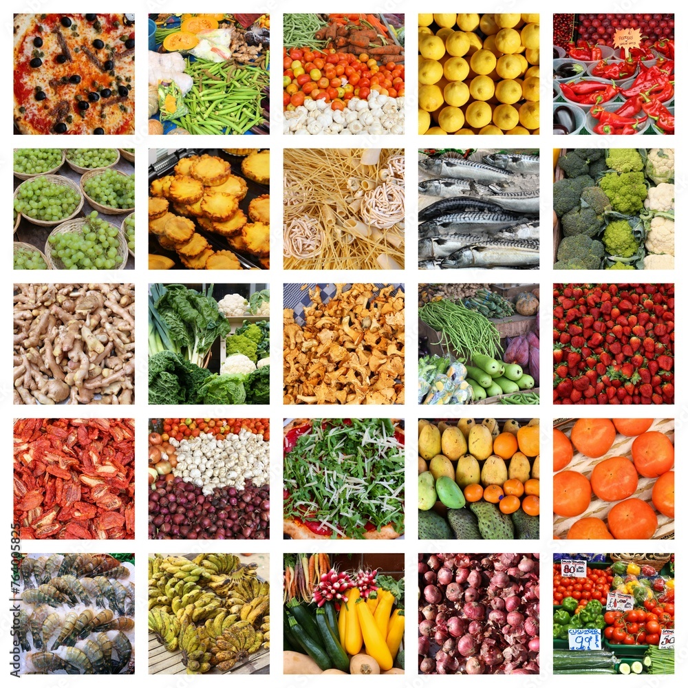 Food image square collage. Many photos of vegetables, fruit and fish ...