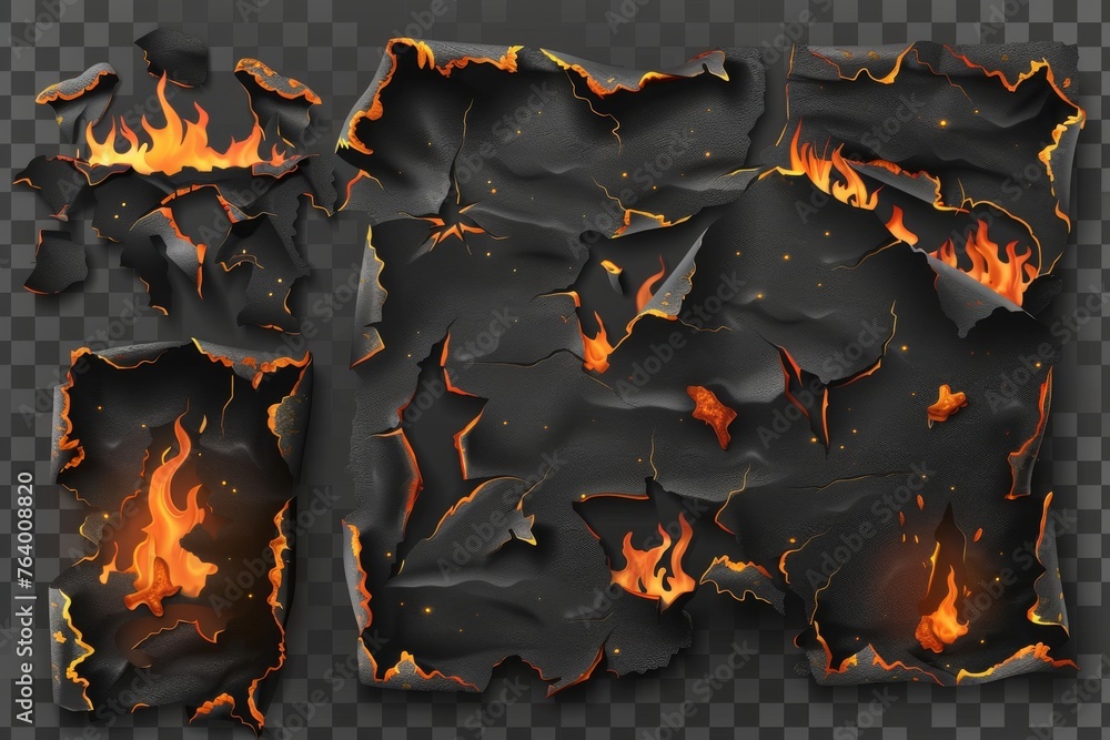 Burnt paper corners, holes, and borders. Smoldering fire on uneven ...