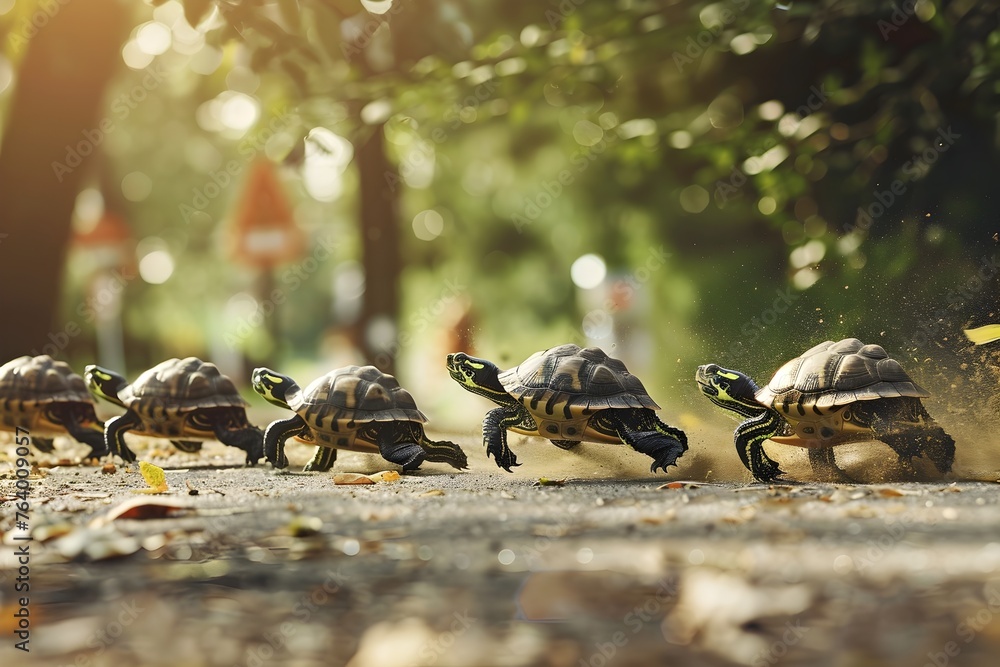 Tortoises racing on a sunny dusty road - A dynamic image of tortoises ...