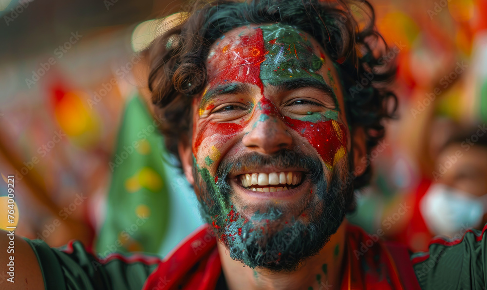 Portrait of a passionate male Portugese fan celebrating at a UEFA EURO ...