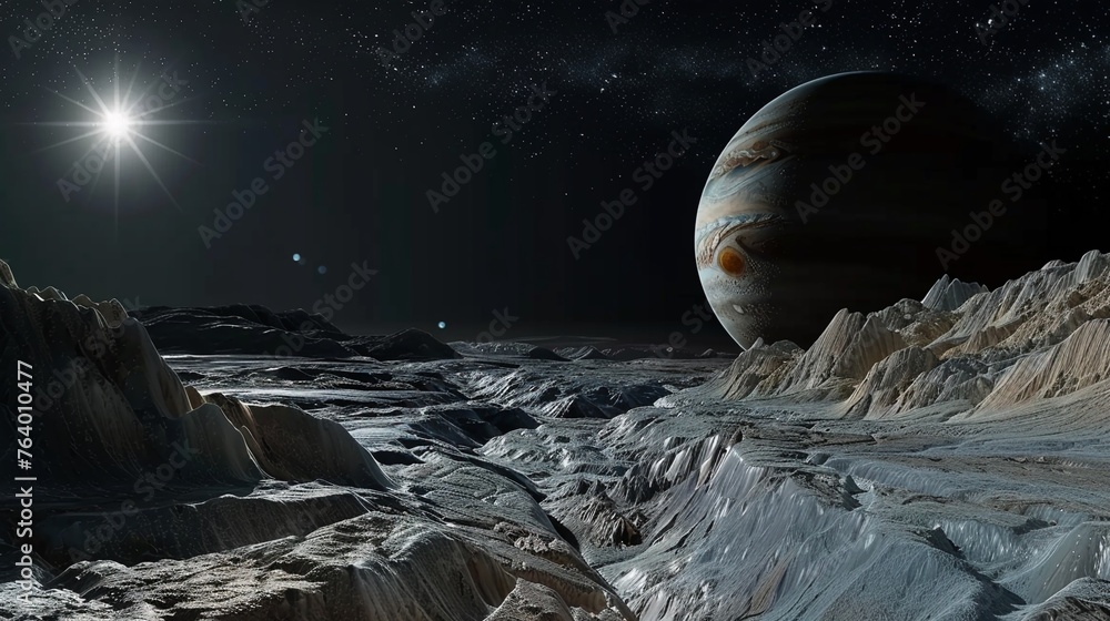 Virtual tour of Jupiters moons showcasing Ganymedes icy terrain under a ...
