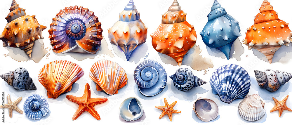 This image displays an array of colorful sea shells and starfish with a ...