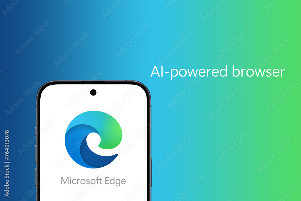 Microsoft Edge logo is displayed on a modern smartphone, colorful ...