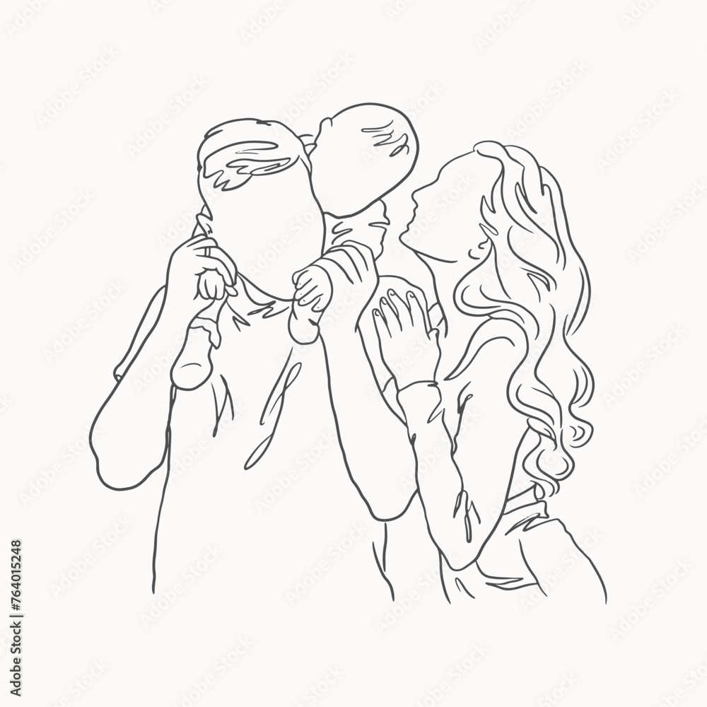 Sketch happy couple with cute baby, hand drawn family line art. happy ...