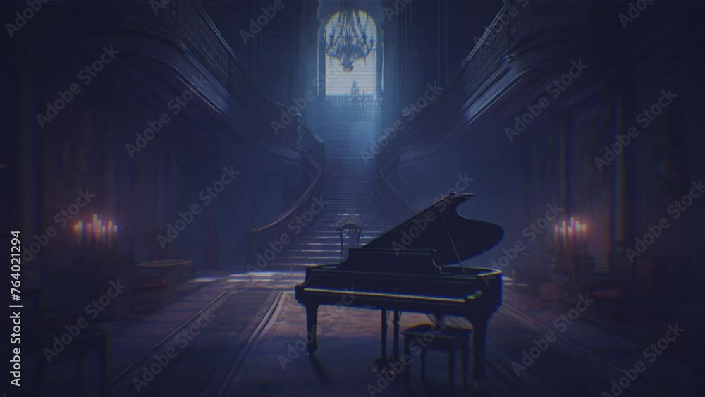 Haunted castle with piano. Creepy and abandoned interior with VHS retro ...