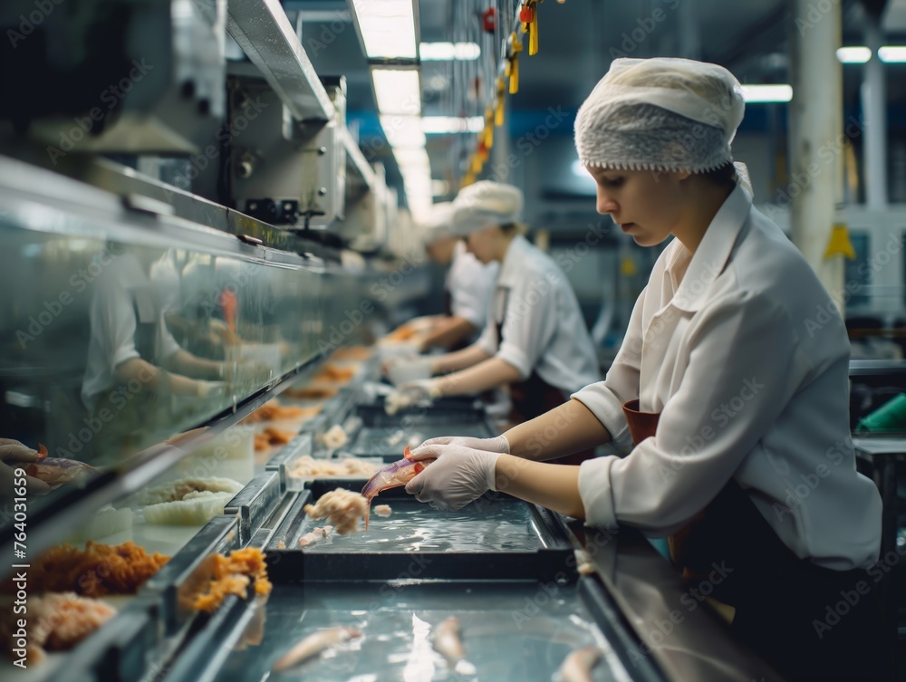 Employees in a food processing facility handling raw chicken on a ...