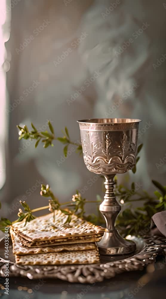 Jesish kiddush wine cup for passover with matzot, matzo bread. Pesah ...