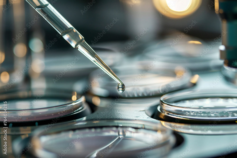 Pipette dispensing a sample onto petri dishes in a lab. Stock Photo ...