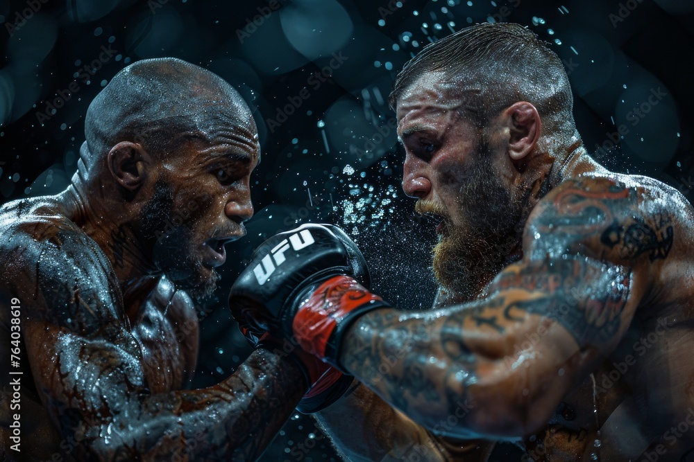 Two muscular MMA athletes engage in a fight, showcasing strength and ...