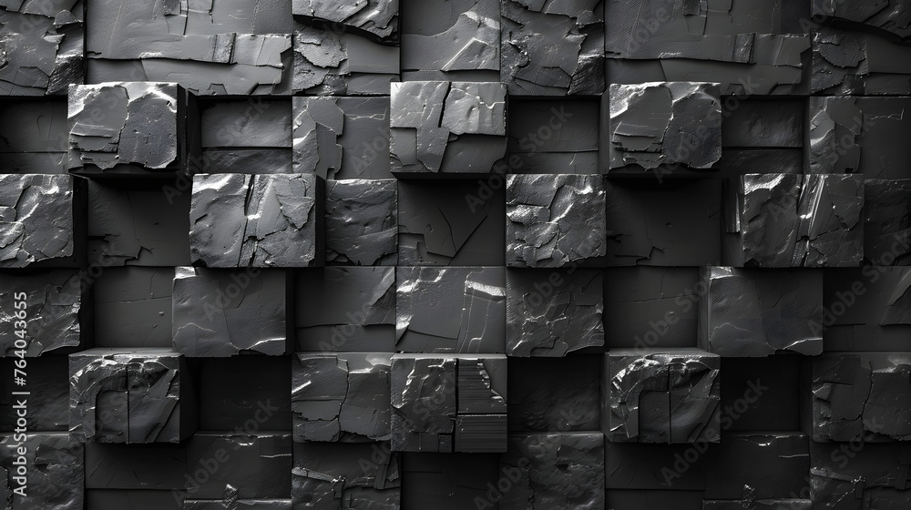 An artistic view of a 3D rendered wall of black blocks with a ...